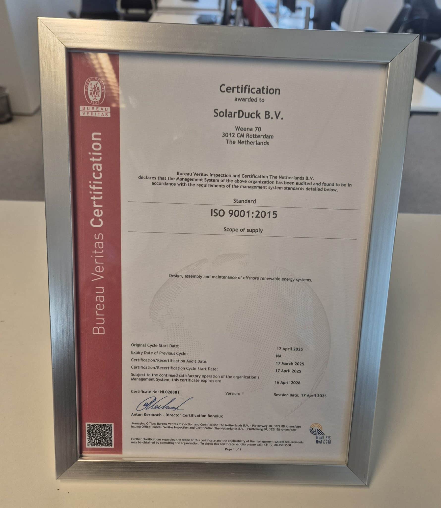 SolarDuck achieves ISO 9001 certification - PES - Power & Energy Solution